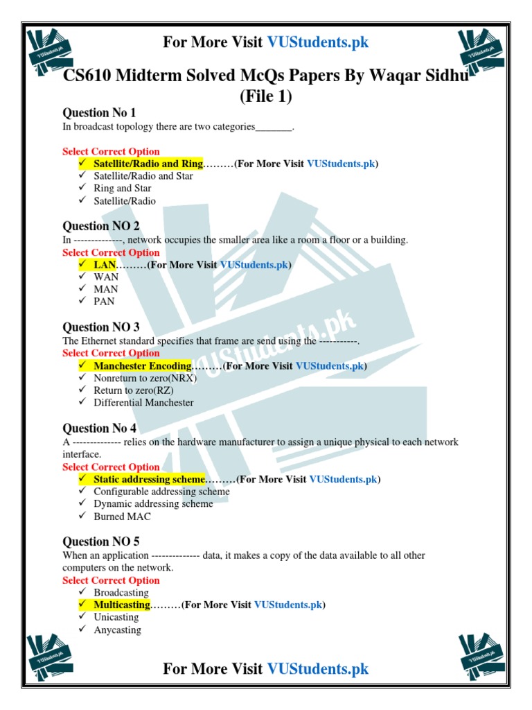 CS611 Midterm Solved McQs Papers by Waqar Sidhu | PDF | Network Topology | Computer Network