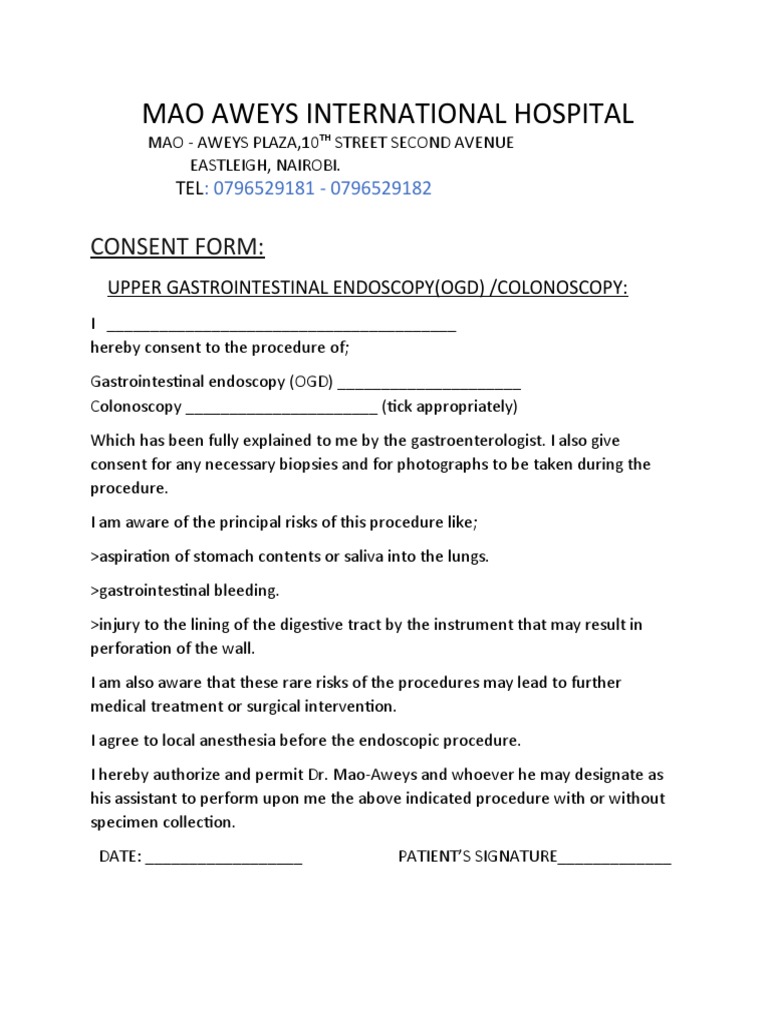 Mao Aweys International Hospital: Consent Form | PDF
