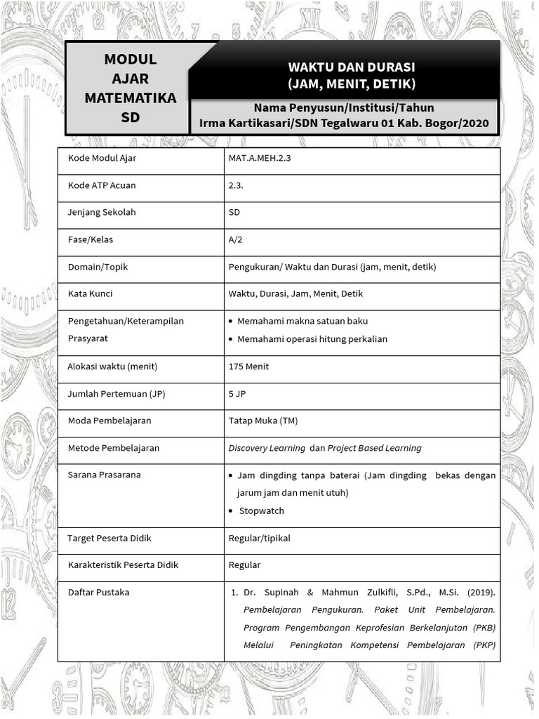 Modul Ajar Matematika - Waktu Dan Durasi (Jam, Menit, Detik) - Fase A | PDF