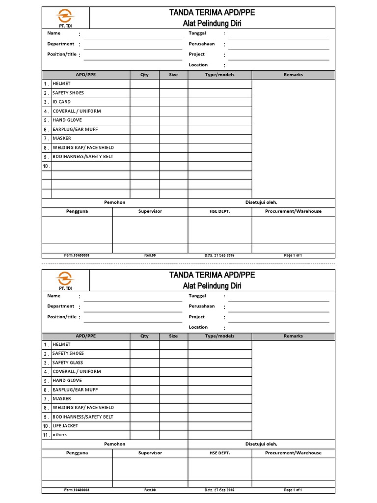 TANDA TERIMA APD PPE RECEIPT FORM | PDF | Personal Protective Equipment ...