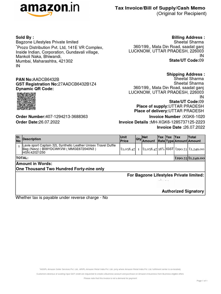 Tax Invoice/Bill of Supply/Cash Memo: (Original For Recipient) | PDF ...