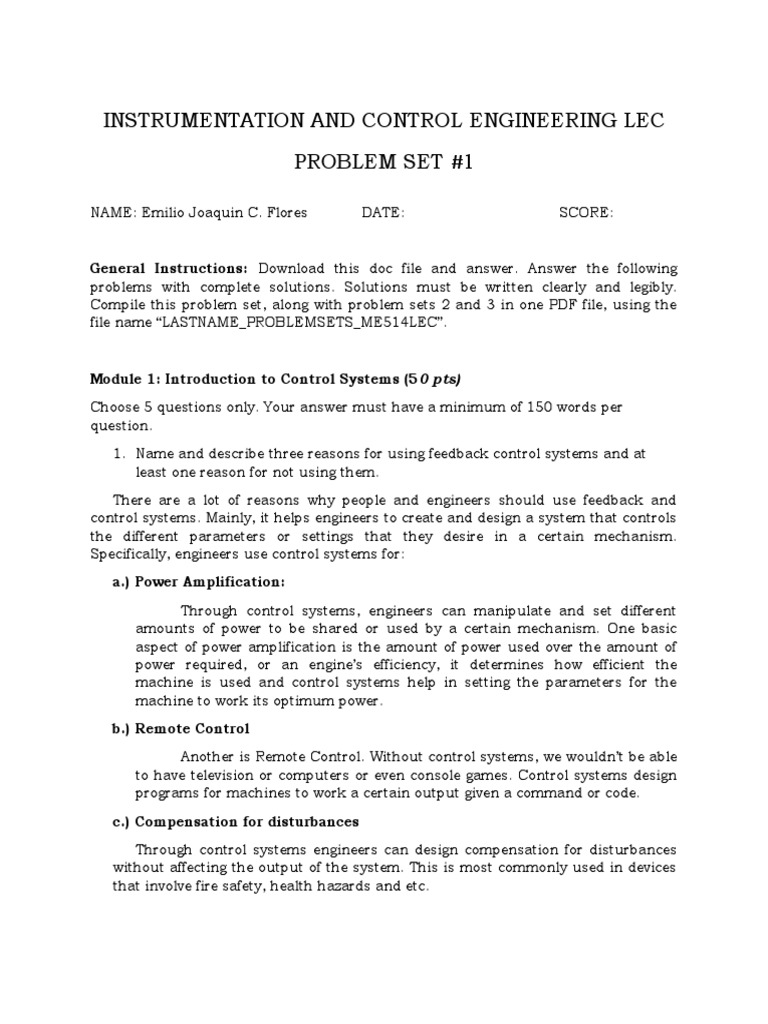 INSTRUMENTATION AND CONTROL ENGINEERING LEC PROBLEM SET #1 | PDF ...