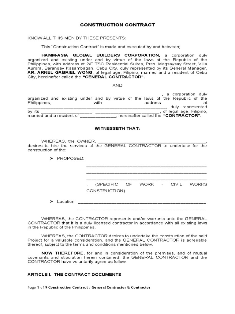 3 1 Construction Contract General Contractor To Contractor From Atty ...