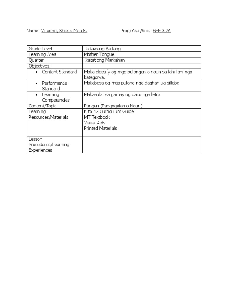 MTB Grade 2 - Lesson Plan | PDF