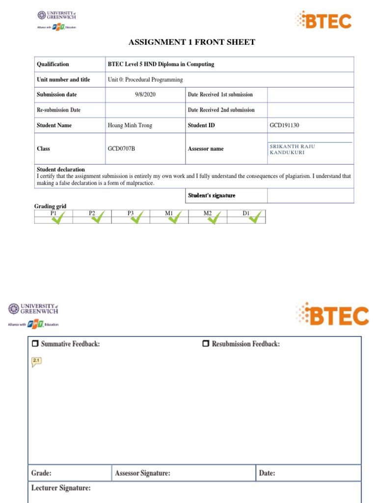 Assignment 1 Front Sheet: Qualification BTEC Level 5 HND Diploma in Computing | PDF | Subroutine ...