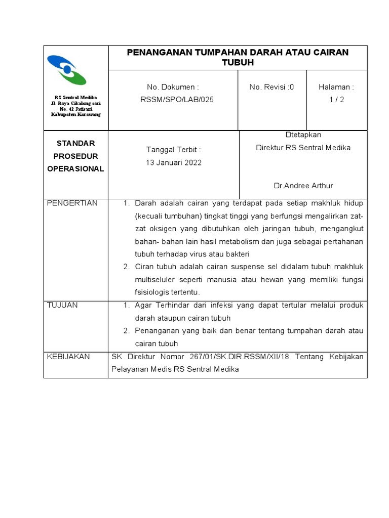 Sop Penanganan Tumpahan Darah Atau Cairan Tubuh | PDF