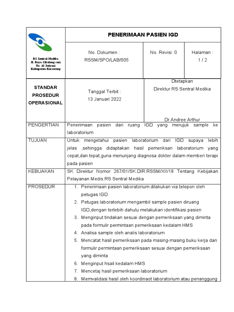 Sop Penerimaan Pasien Igd | PDF