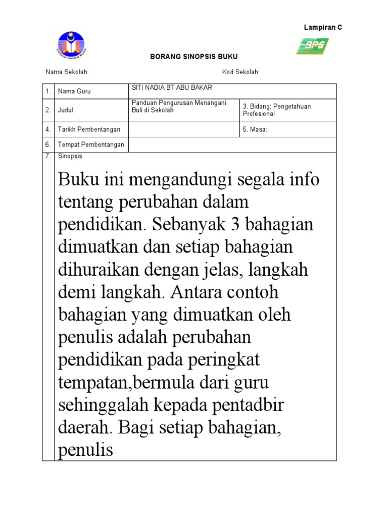 Borang Sinopsis Buku Untuk SPLKPM 1 | PDF Borang Sinopsis Buku Untuk SPLKPM 1 | PDF