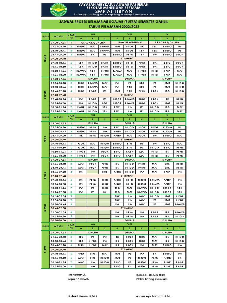 Jadwal Pelajaran SMP Putra | PDF
