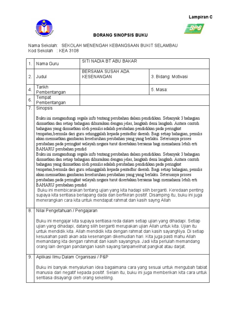 Borang Sinopsis Buku Untuk SPLKPM 4 | PDF | Karier & Perkembangan | Kesehatan Holistik