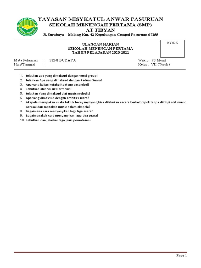 Ulangan Seni Budaya SMP 2020-2021 | PDF | Pengembangan Diri