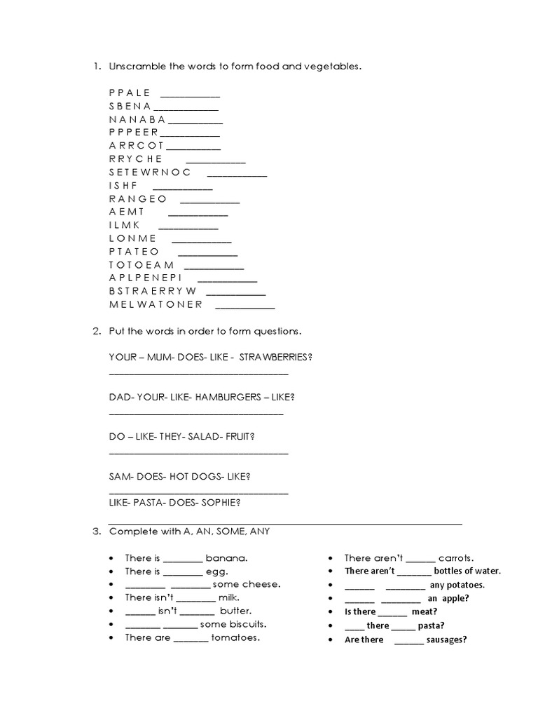 Unscramble Food and Vegetable Words | PDF | Cooking, Food & Wine | Self ...