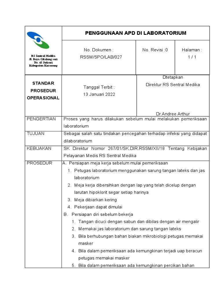 Sop Penggunaan Apd Dilaboratorium | PDF