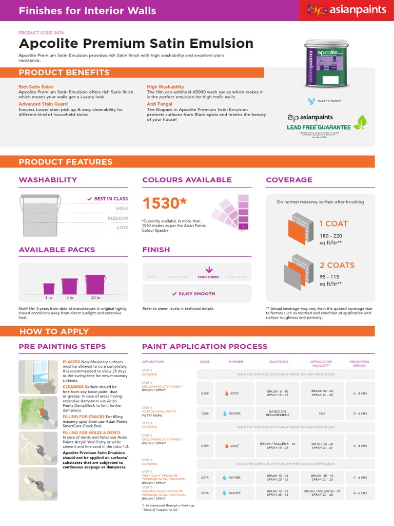 Apcolite Premium Satin Emulsion: Product Benefits | PDF | Paint | Masonry