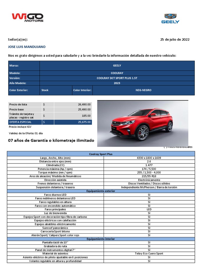 Oferta detallada de un vehículo Geely Coolray Sport Plus 2023 | PDF ...
