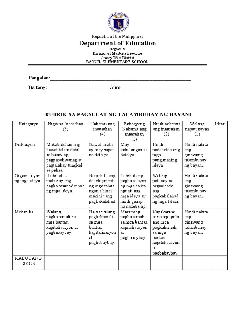 Rubrics Sa Pagsulat NG Talambuhay NG Bayani | PDF