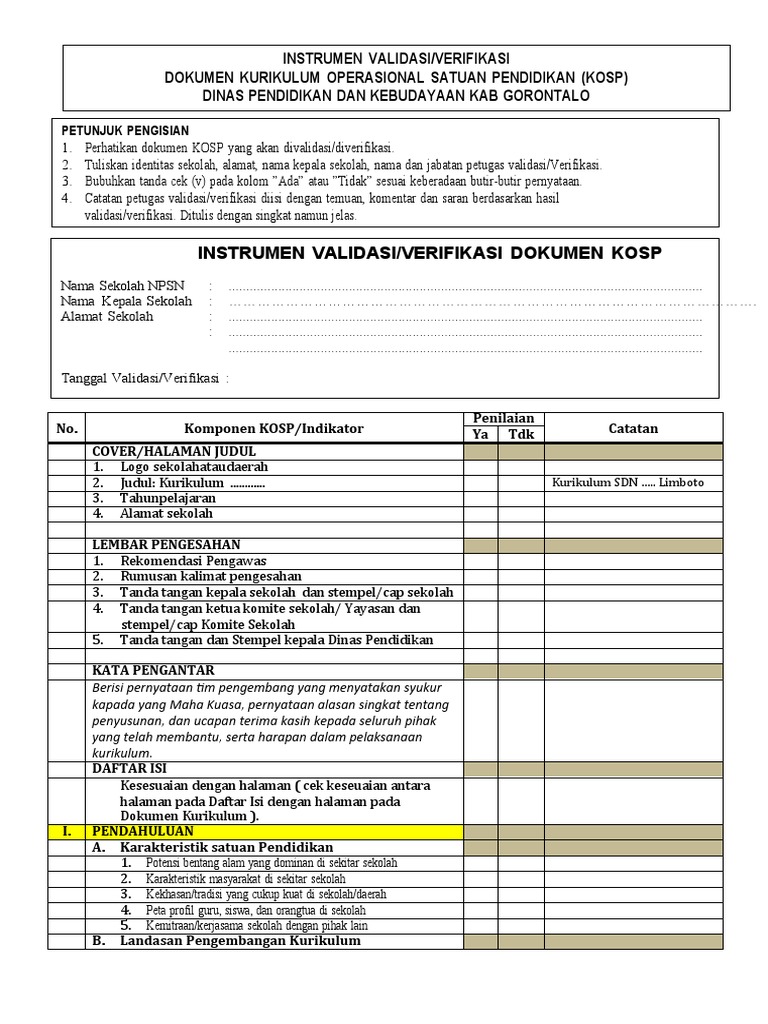 INSTRUMEN Validasi KOSP | PDF