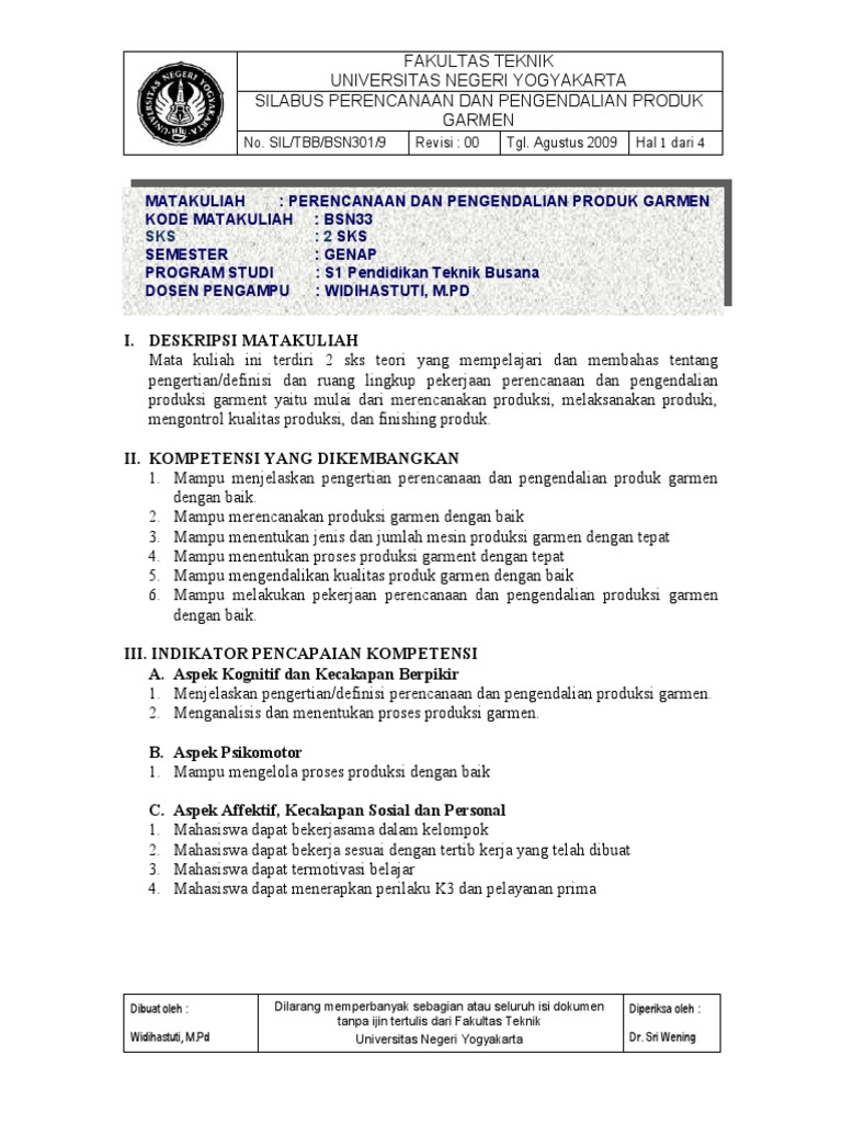 Silabus Perencanaan Produksi Garmen | PDF