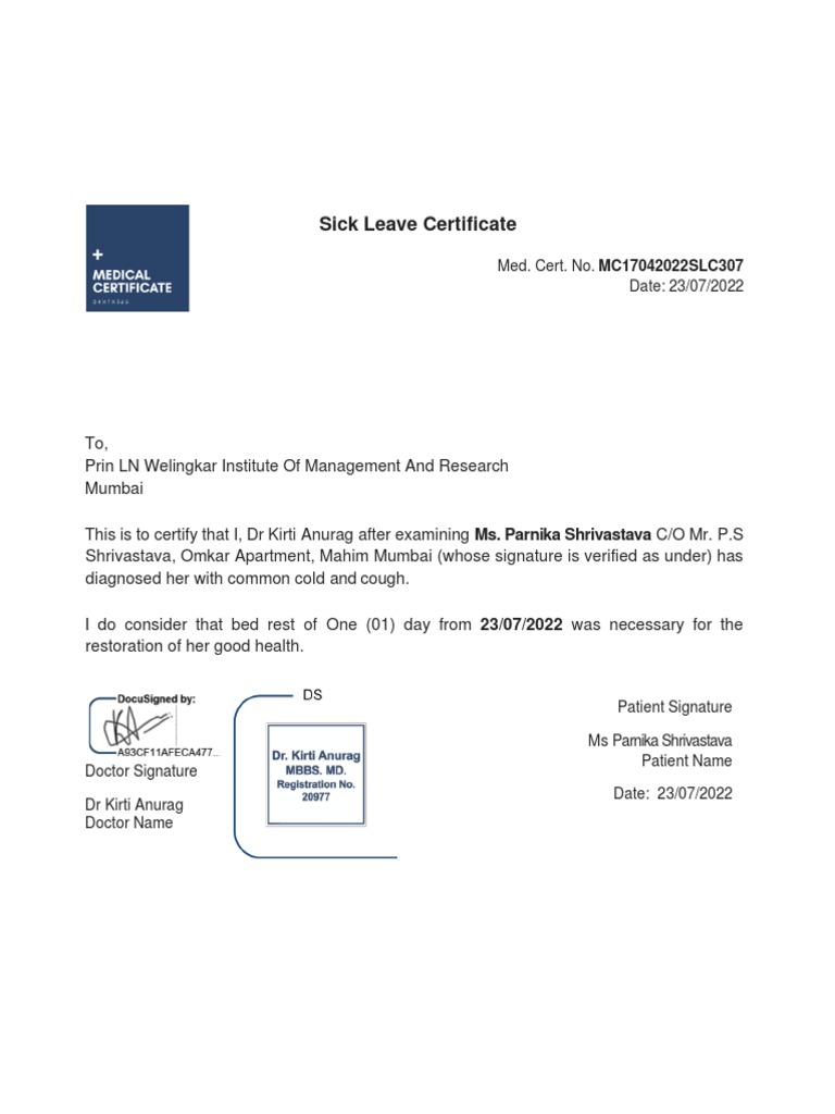 Sick Leave Certificate Parnika | PDF | Law