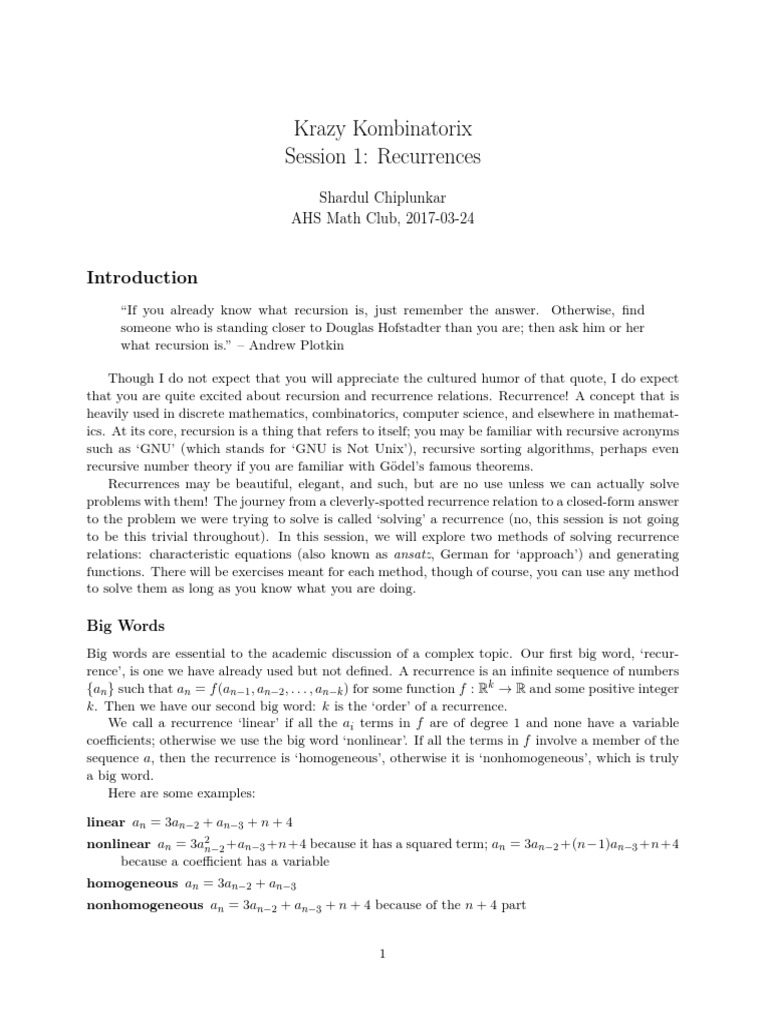 Recurrences Handout Mathematics | PDF | Recurrence Relation | Recursion