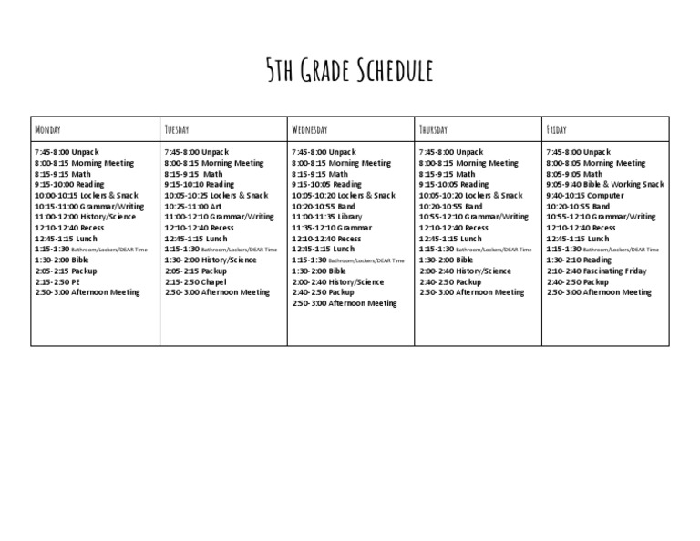 5th Grade Schedule 2022-2023 | PDF