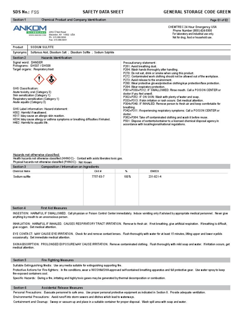 Sodium Sulfite - ANKOM | PDF | Toxicity | Personal Protective Equipment