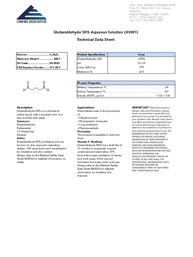 Glutaraldehyde 50% Aqueous Solution (JH001) Technical Data Sheet | PDF | Physical Sciences ...
