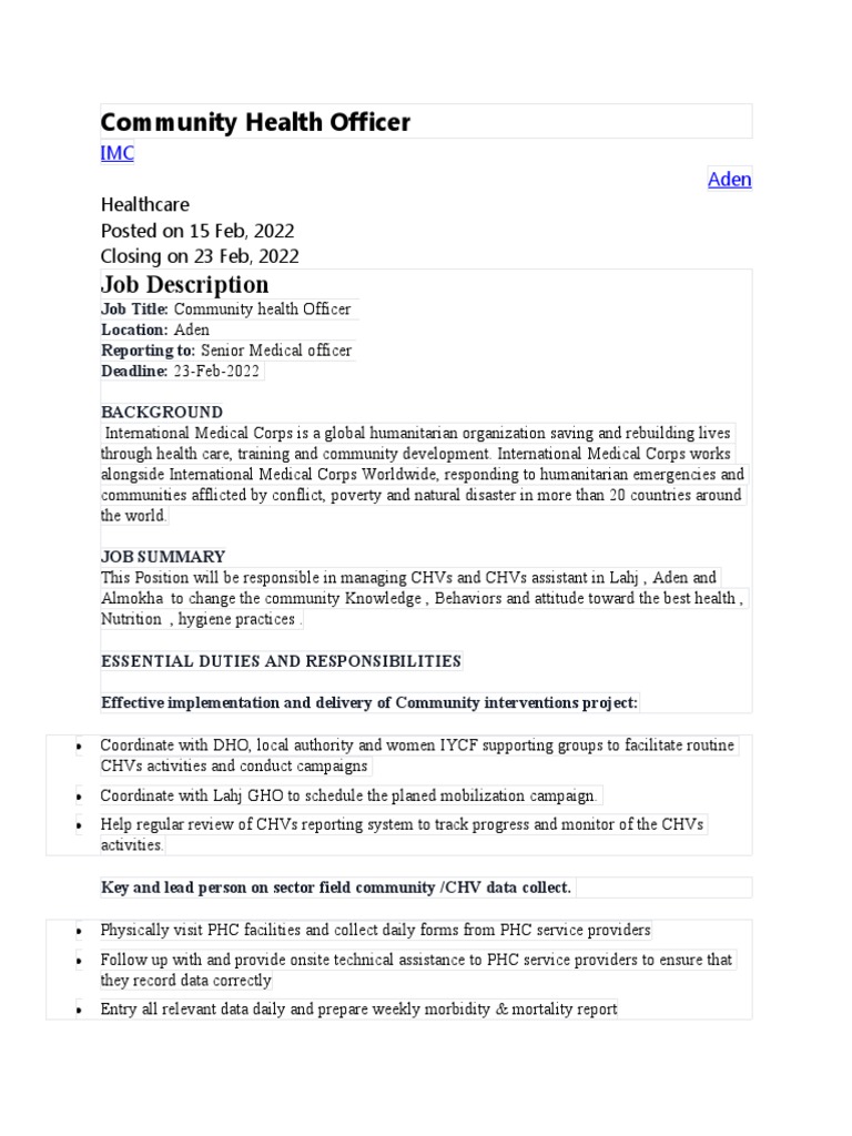 Community Health Officer: IMC Aden | PDF | Records Management ...