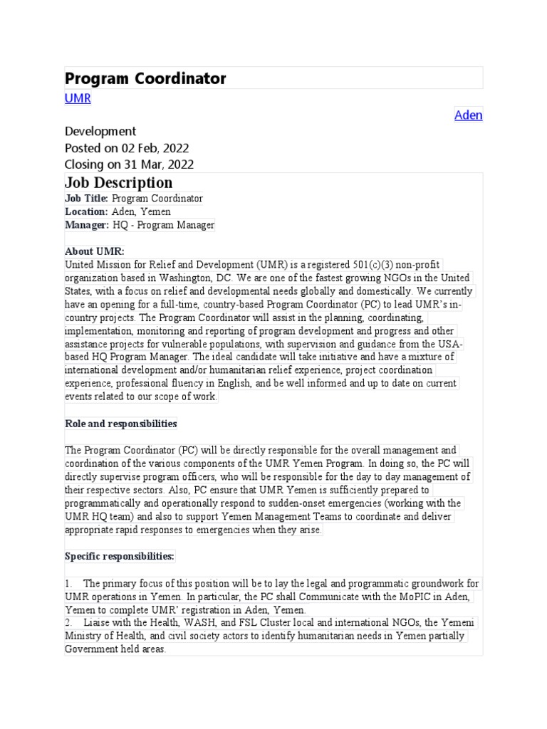 UMR Program Coordinator | PDF | Yemen | World Politics