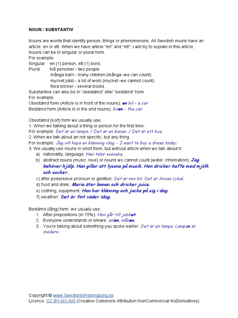 Grammar Table Nouns Substantiv | PDF