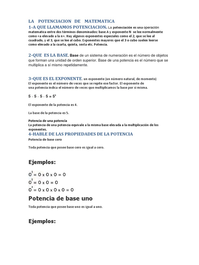 Potencia de Base Uno: La Potenciacion de Matematica 1-A Que Llamamos Potenciacion | PDF ...
