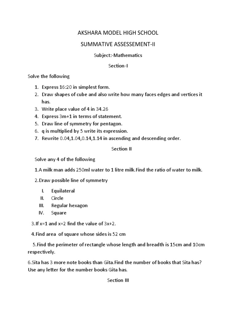 Akshara Model High School Summative Assessement-Ii | PDF | Area | Rectangle