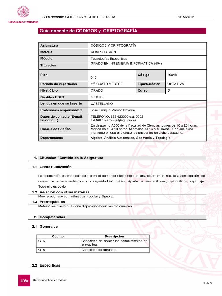 Guía Docente de CÓDIGOS y CRIPTOGRAFÍA | PDF | Criptografía | Clave (criptografía)