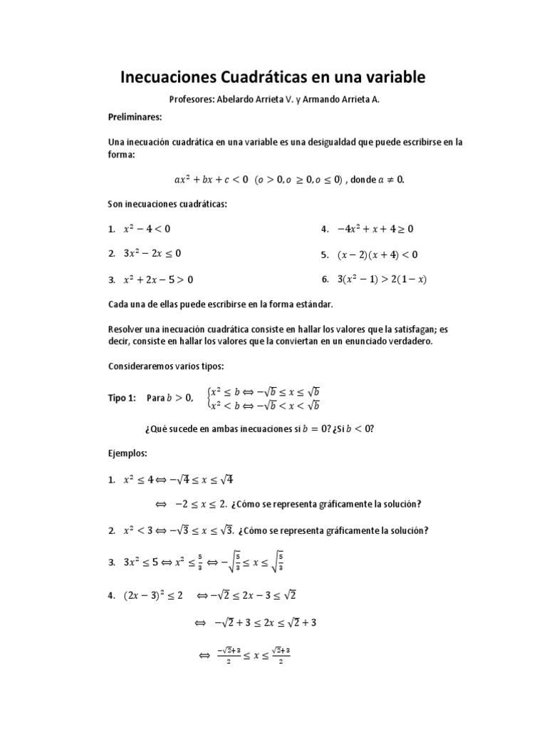 Inecuaciones Cuadráticas en Una Variable | PDF | Intervalo (Matemáticas) | Desigualdad (Matemáticas)