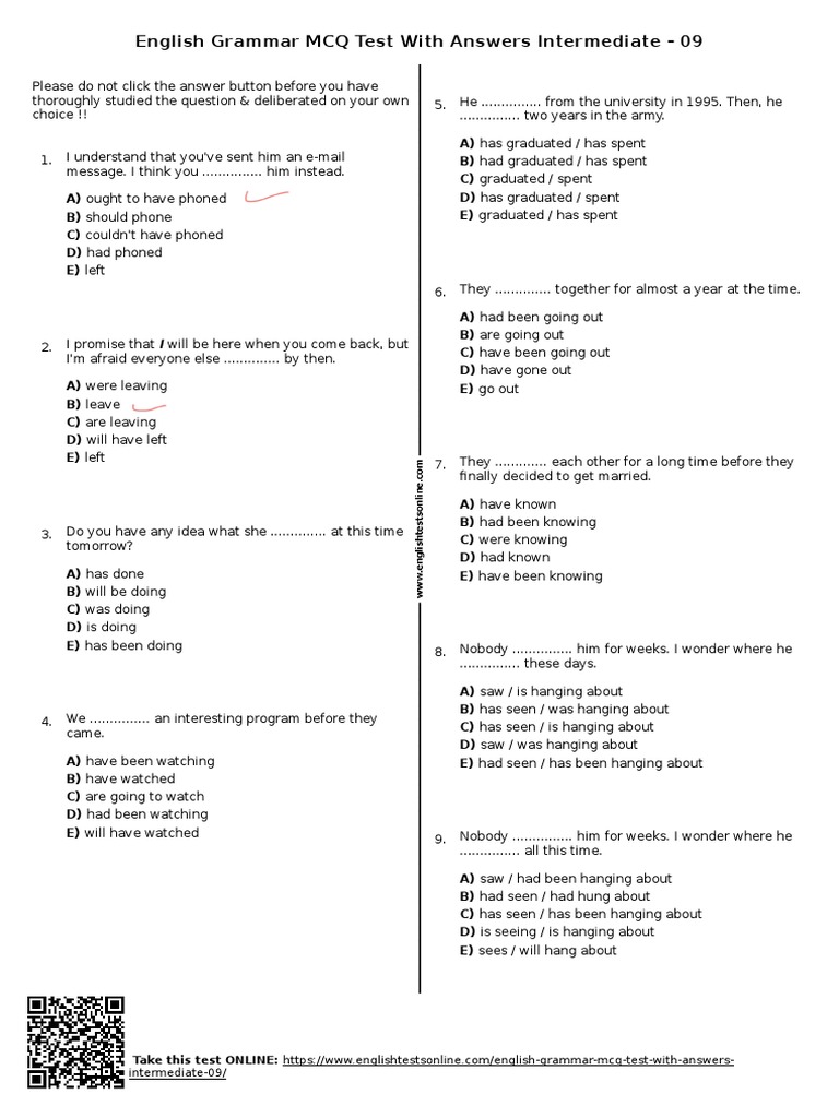 636 English Grammar MCQ Test With Answers Intermediate 09 | PDF ...