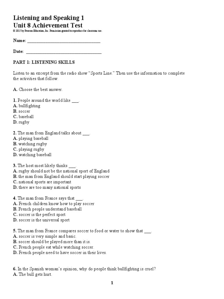 Listening and Speaking 1 Unit 8 Achievement Test | PDF | Cognition ...