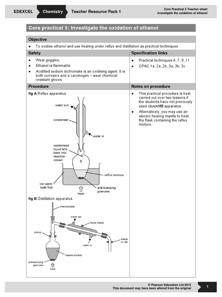 As and a Level Chemistry Core Practical 5 Oxidation of Ethanol Student ...