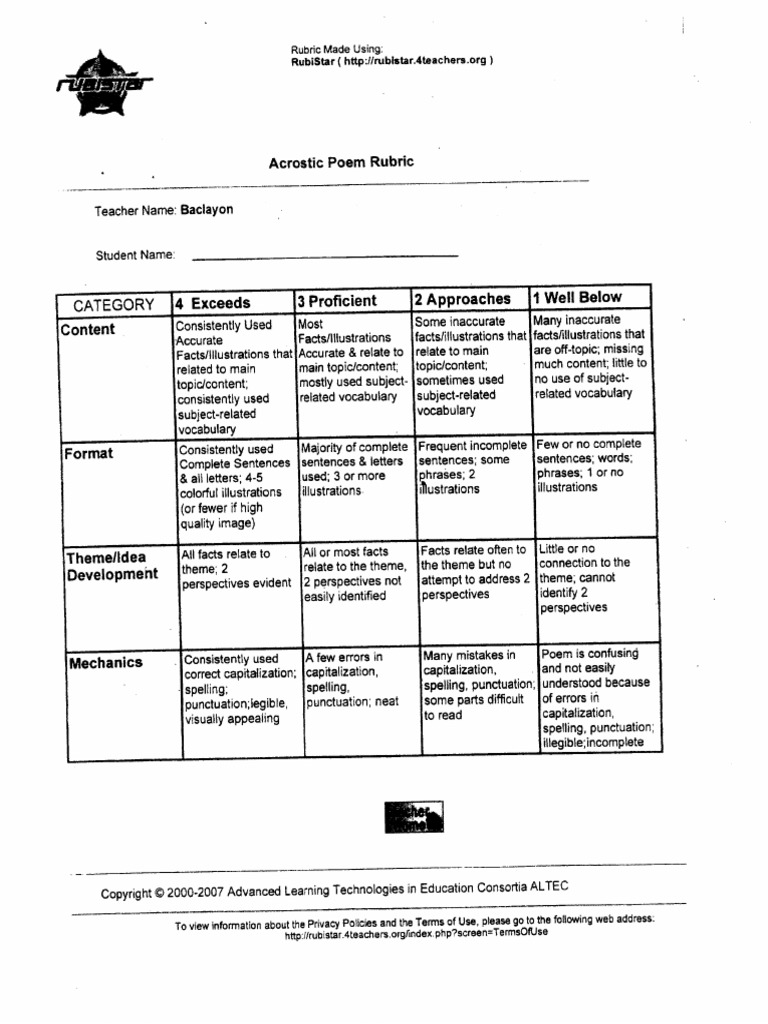 Acrostic Poem Rubric | PDF