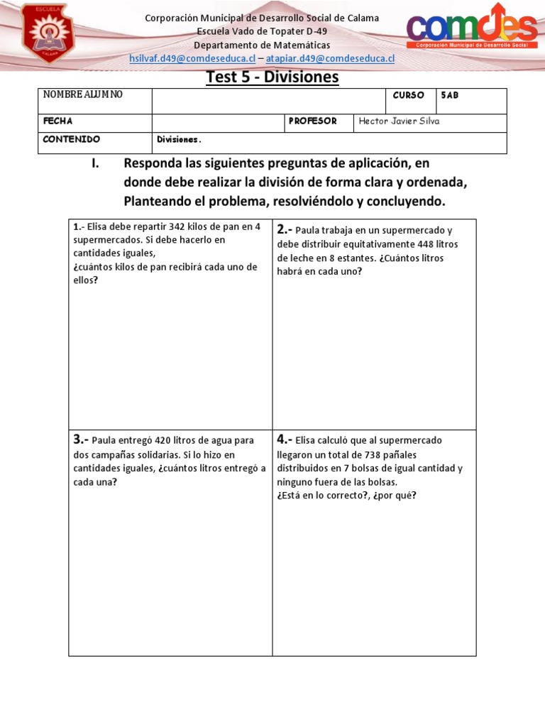 Test de Divisiones para Estudiantes | PDF | División (Matemáticas ...