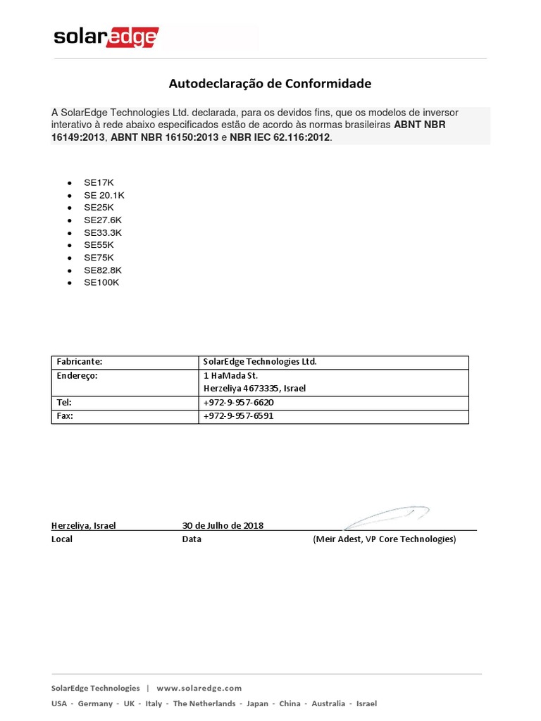 1 - Autodeclaração de Conformidade A ABNT NBR 16149, ABNT NBR 16150 e ...