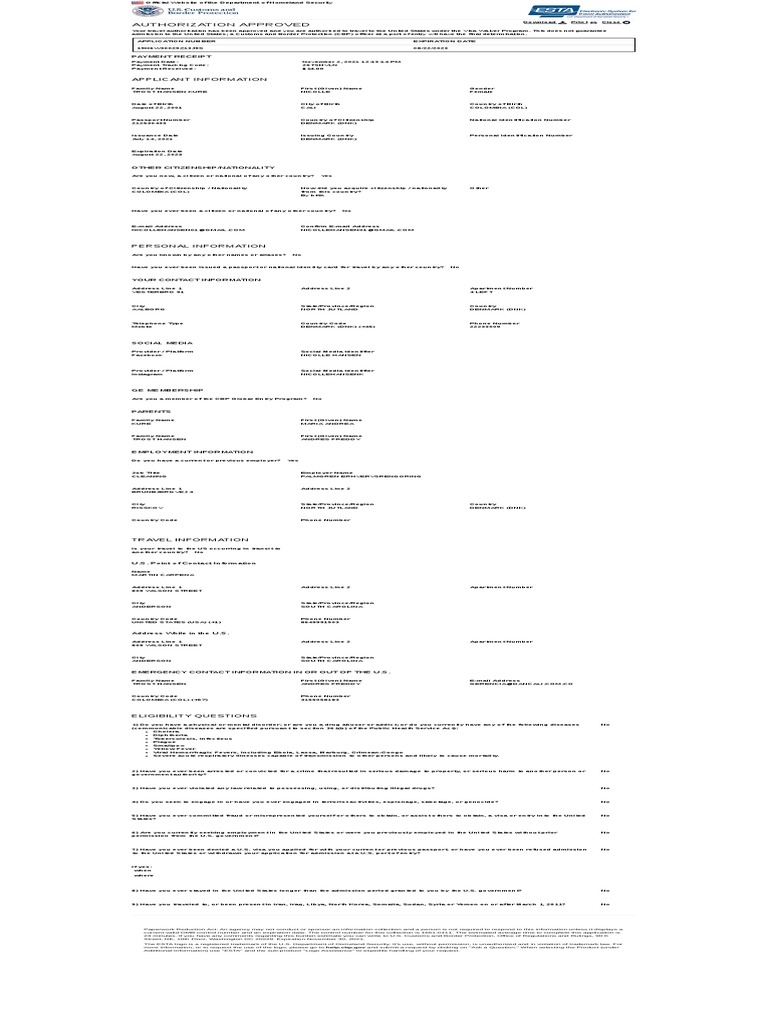 ESTA Application | PDF | Government | National Security