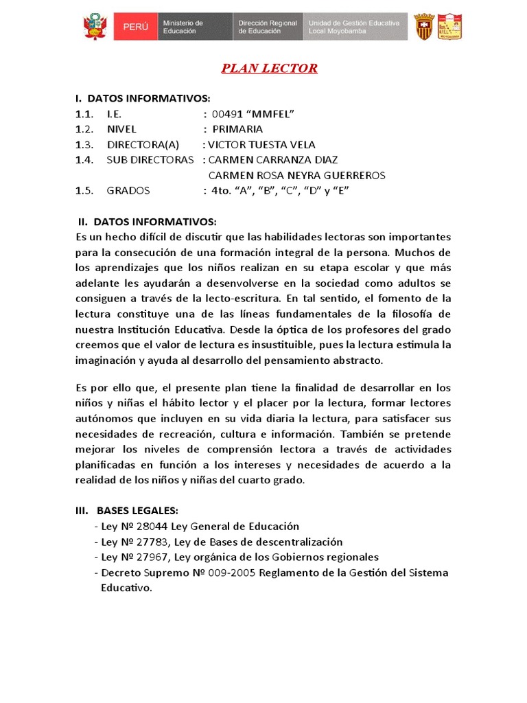 Plan Lector Cuarto Grado | PDF | Comprensión lectora | Aprendizaje