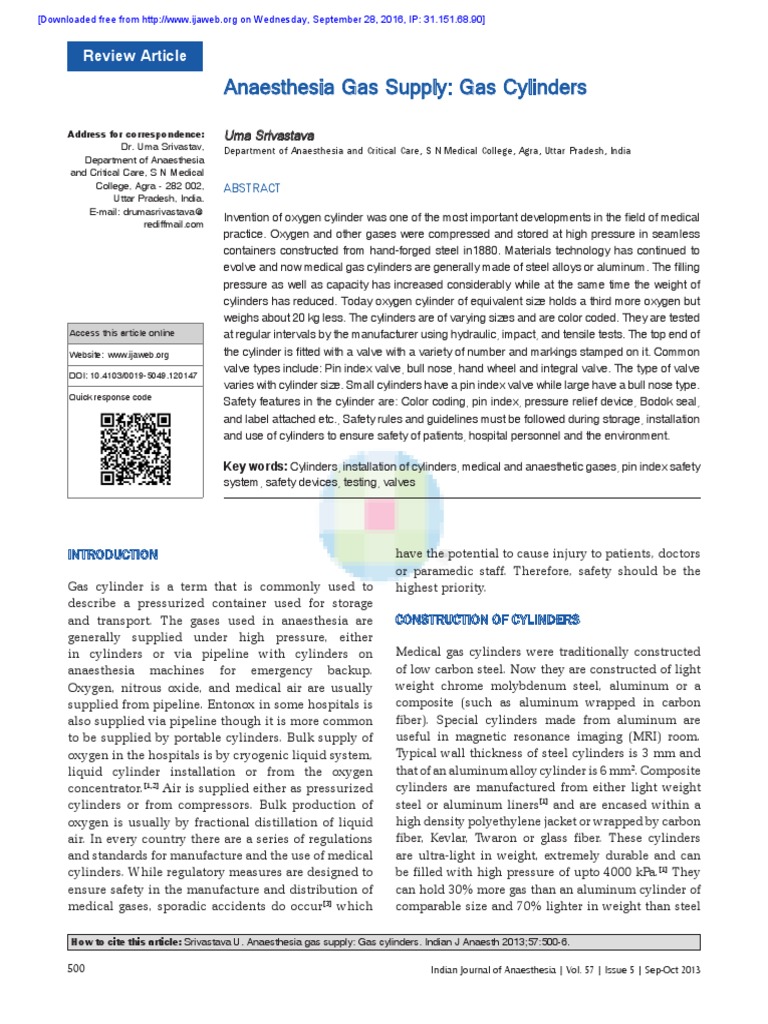 Anaesthesia Gas Supply: Gas Cylinders: Review Article | PDF | Valve ...