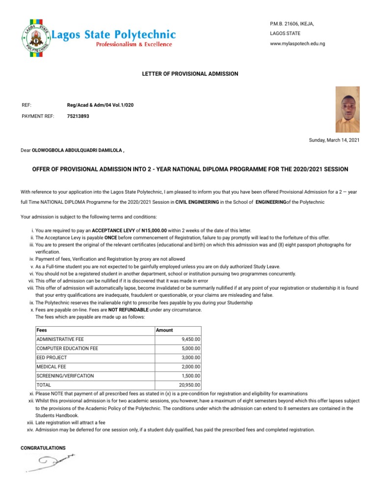 Provisional Admission Letter | PDF | Government | Justice