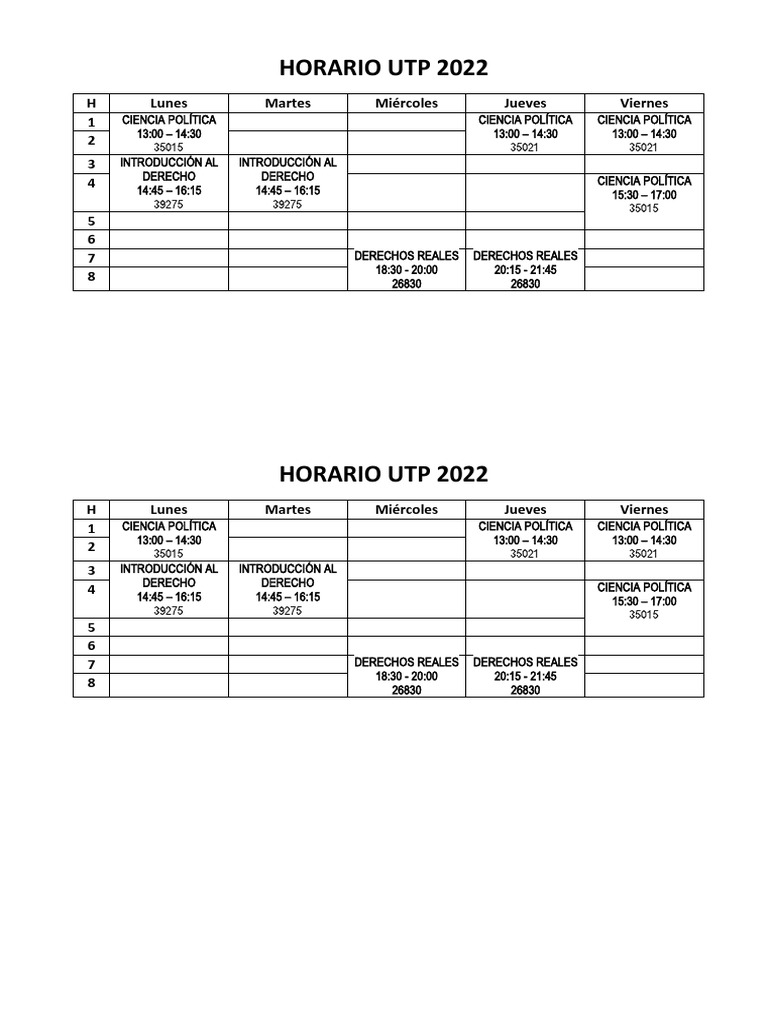 Horario Utp 2022 | PDF