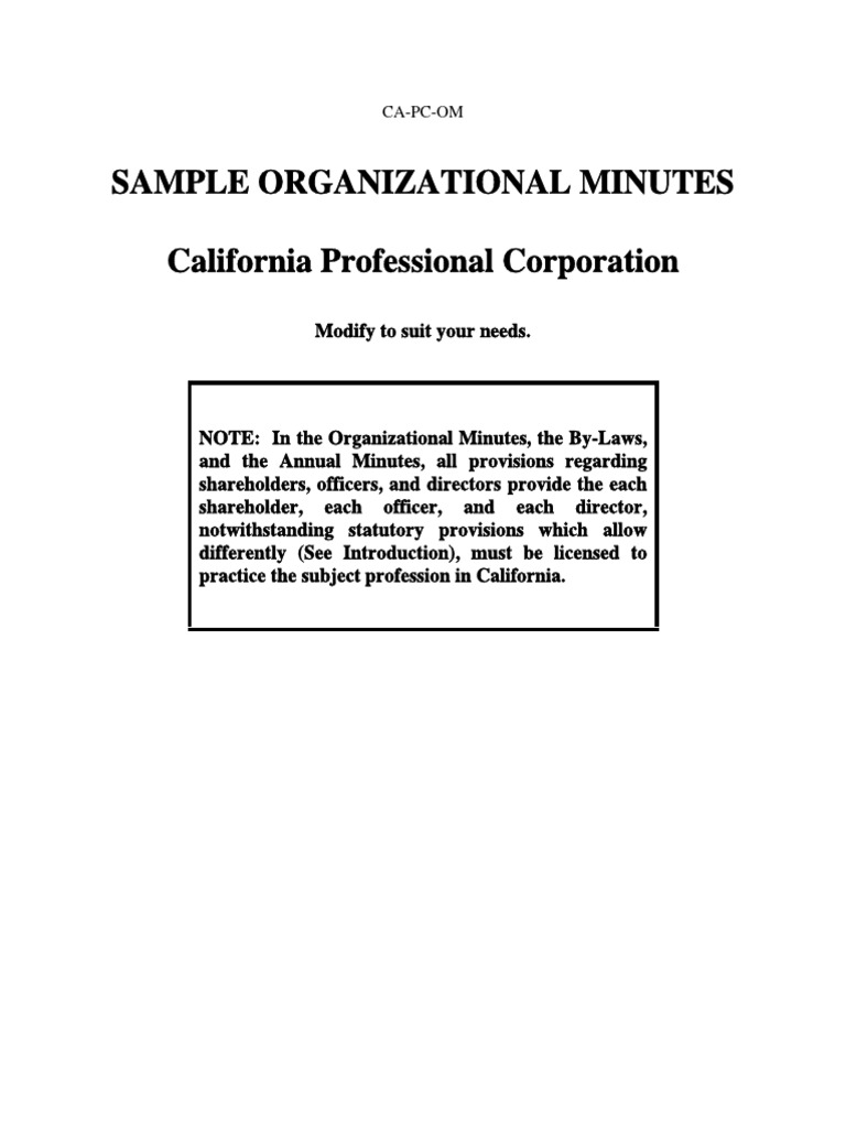 Sample Organizational Minutes California Professional Corporation | PDF ...