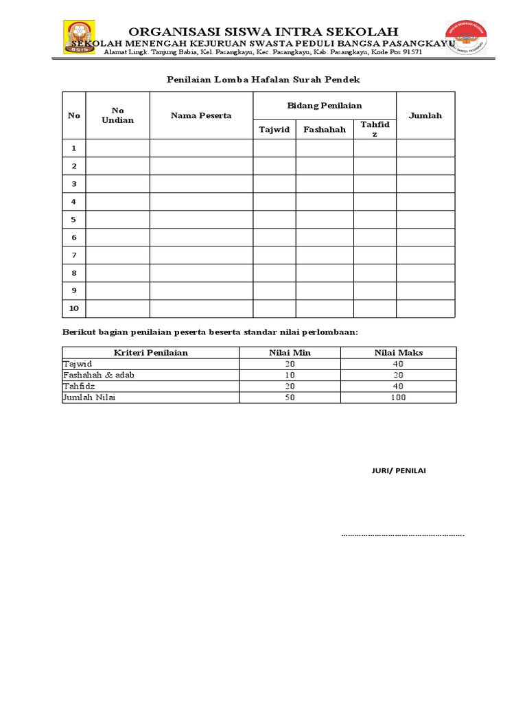 Format Penilaian Lomba Hafalan Pendek | PDF