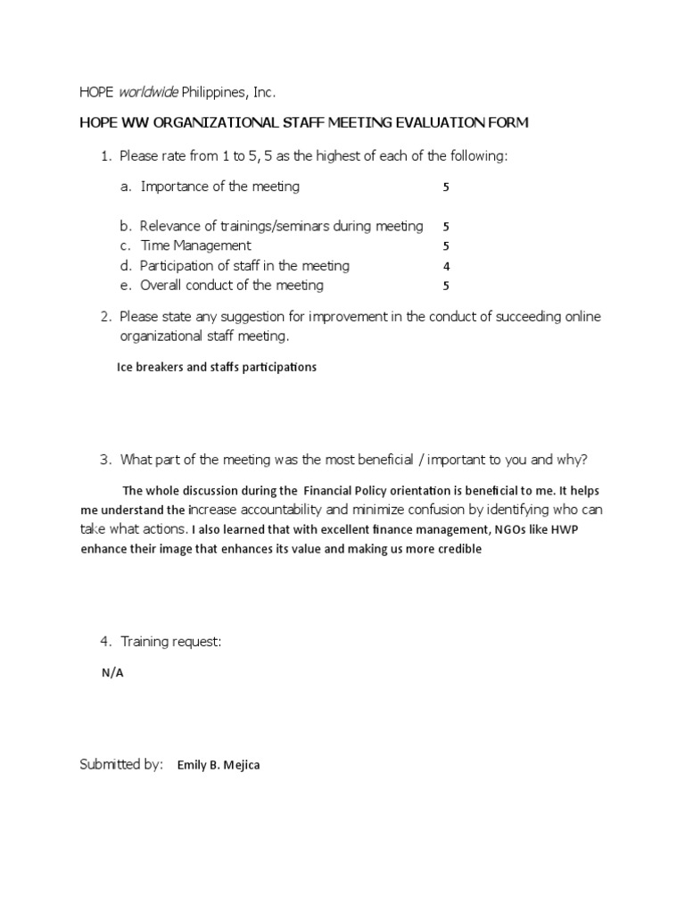 Hope WW Organizational Staff Meeting Evaluation Form | PDF | Career ...