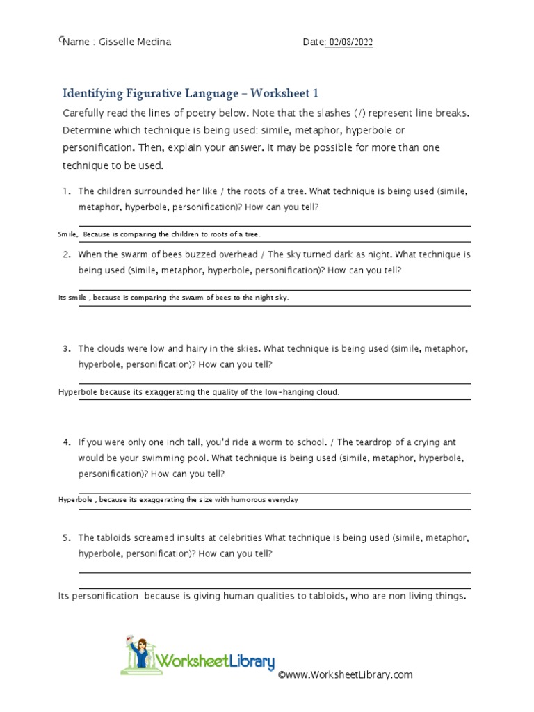 Figurative Language Worksheet Gisselle | PDF | Metaphor