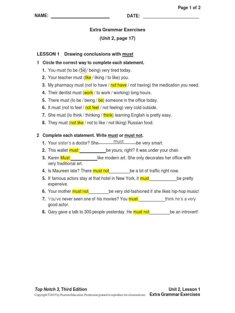 Extra Grammar Exercises (Unit 2, Page 17) : Top Notch 3, Third Edition | PDF